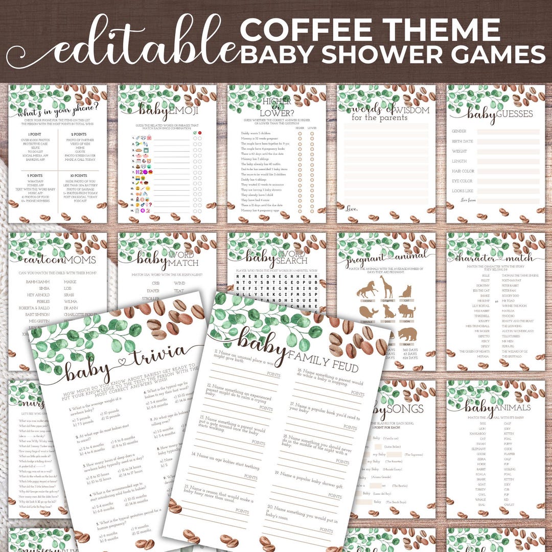 Baby Brewing Games Bundle for Baby Shower, Editable Eucalytus Coffee ...