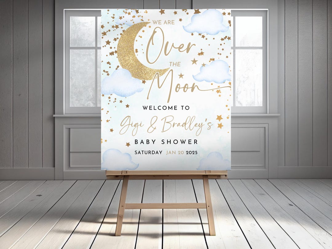 Blue Over the Moon Welcome Sign Template, Editable Blue Clouds Baby ...