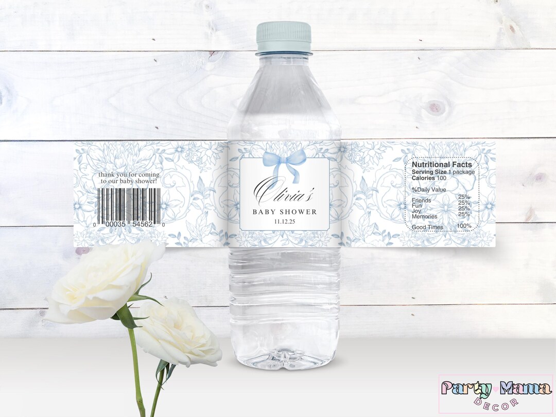 Blue Toile Water Bottle Label Template, Editable Blue Bow Toile Water ...