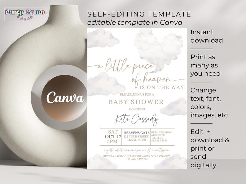 Heaven Sent Baby Shower Invitation, Clouds E-invite Template (digital ...