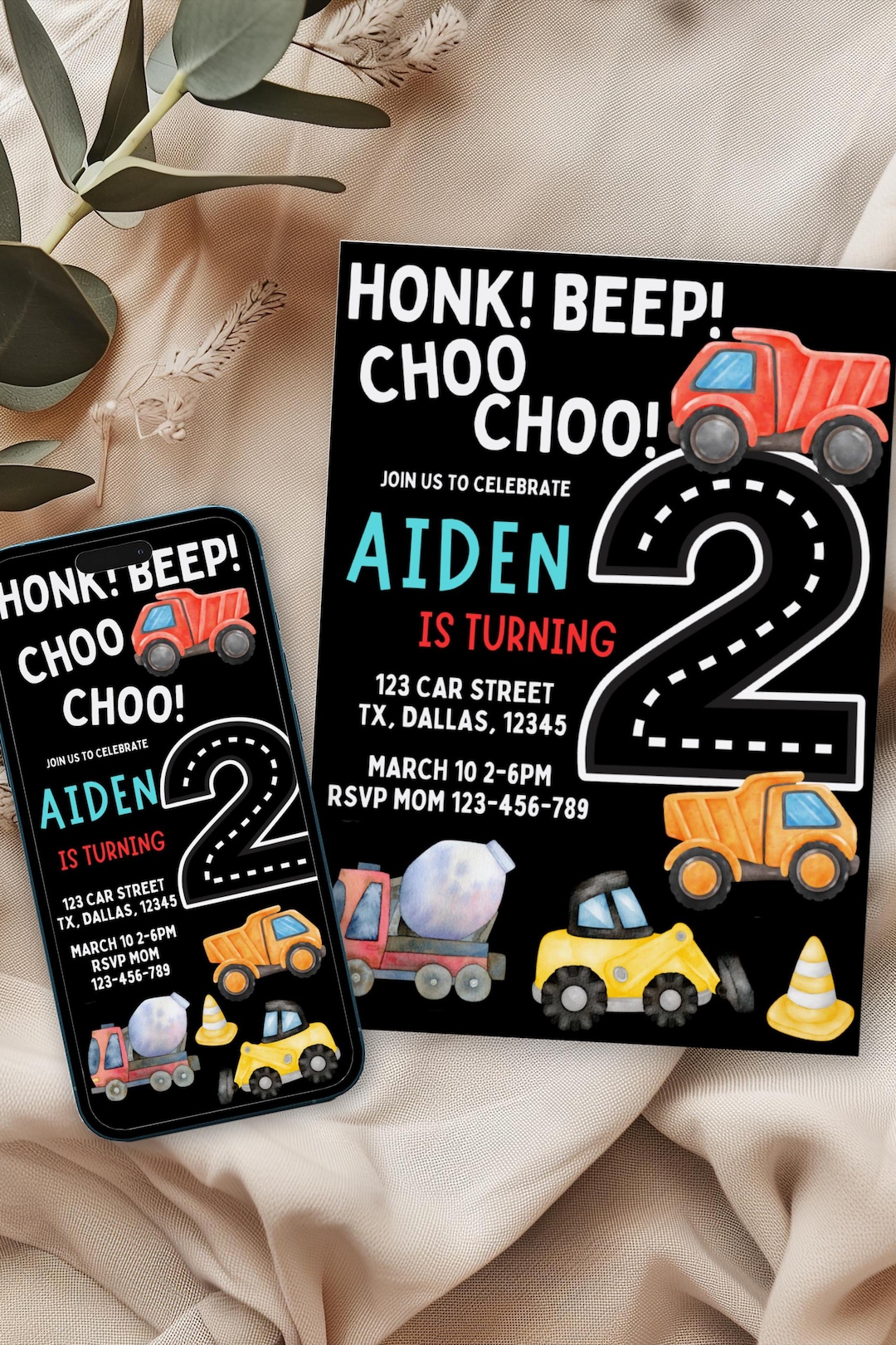 Truck Turning 2 Birthday Invitation Template, Text Message Construction ...