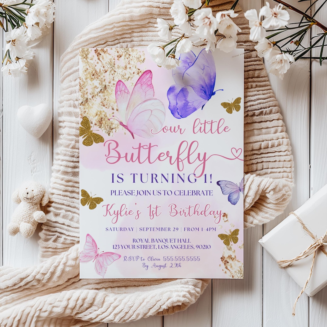 Butterfly 1st Birthday Invitation Template, Editable Pink Purple ...