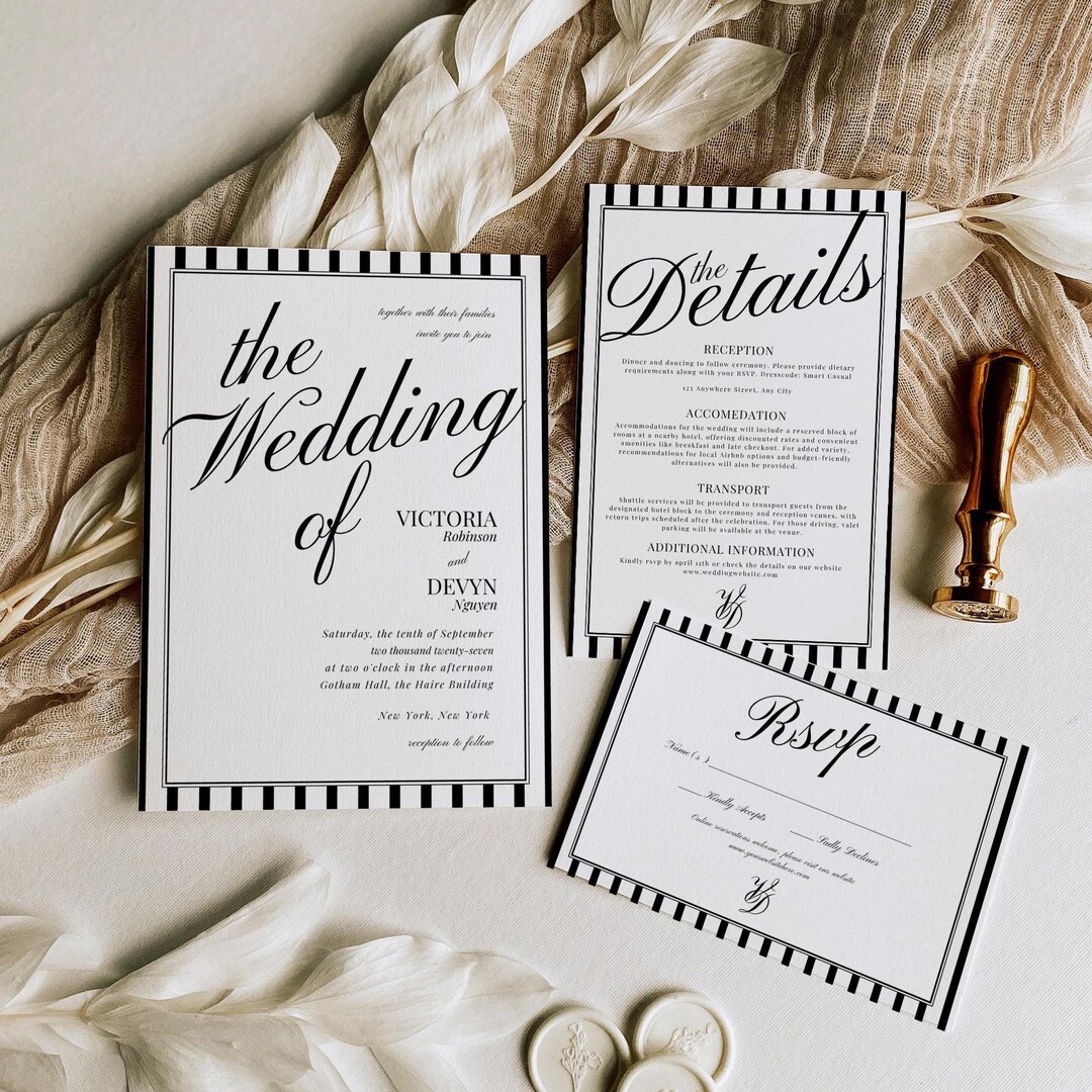Luxury Black and White Suite Template, Stripes, Elegant Wedding Invite ...