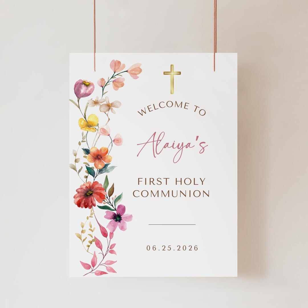 Wildflower First Communion Welcome Sign Template for Girl, Holy ...