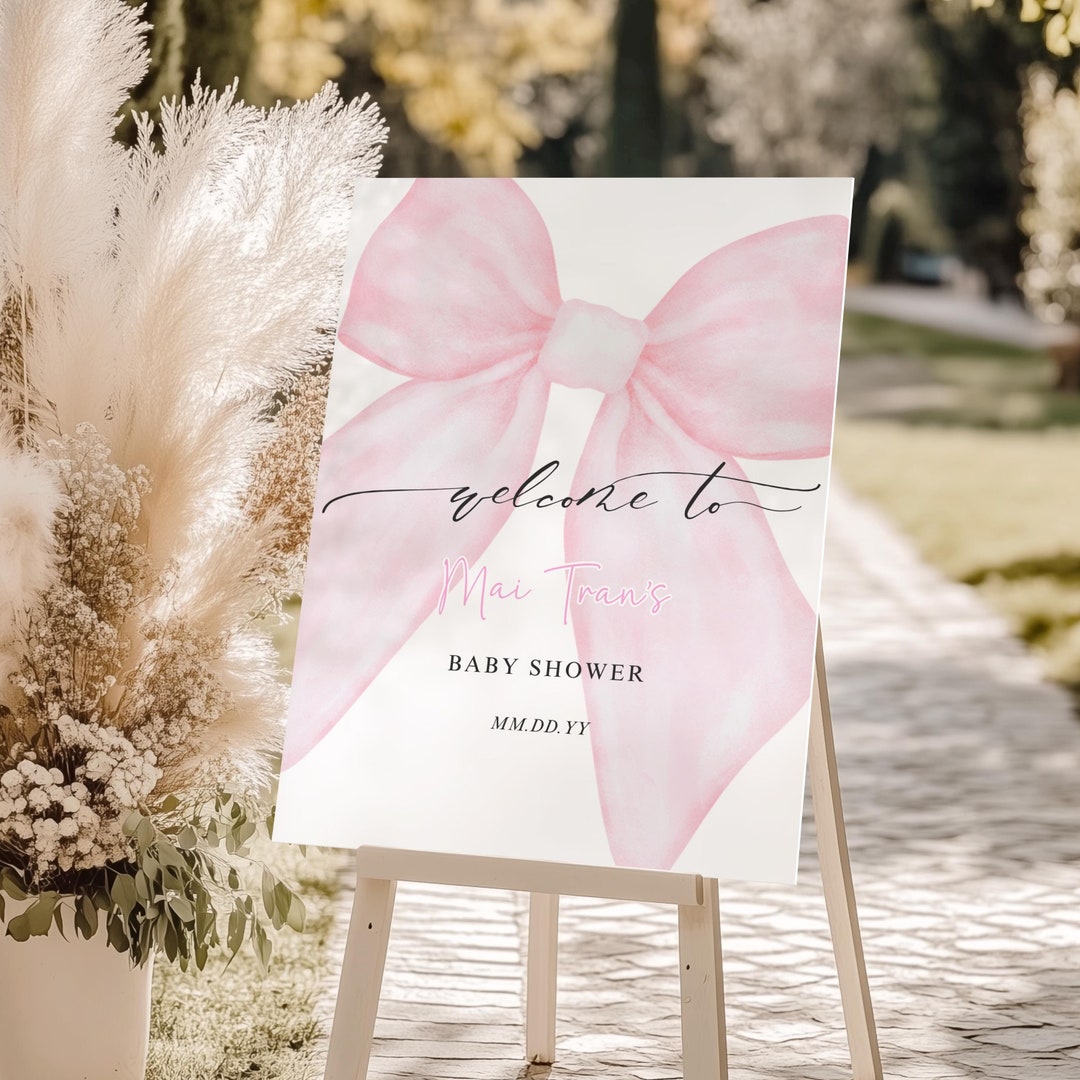 EDITABLE Pink Bow Welcome Sign, Elegant Pink Coquette Baby Shower ...