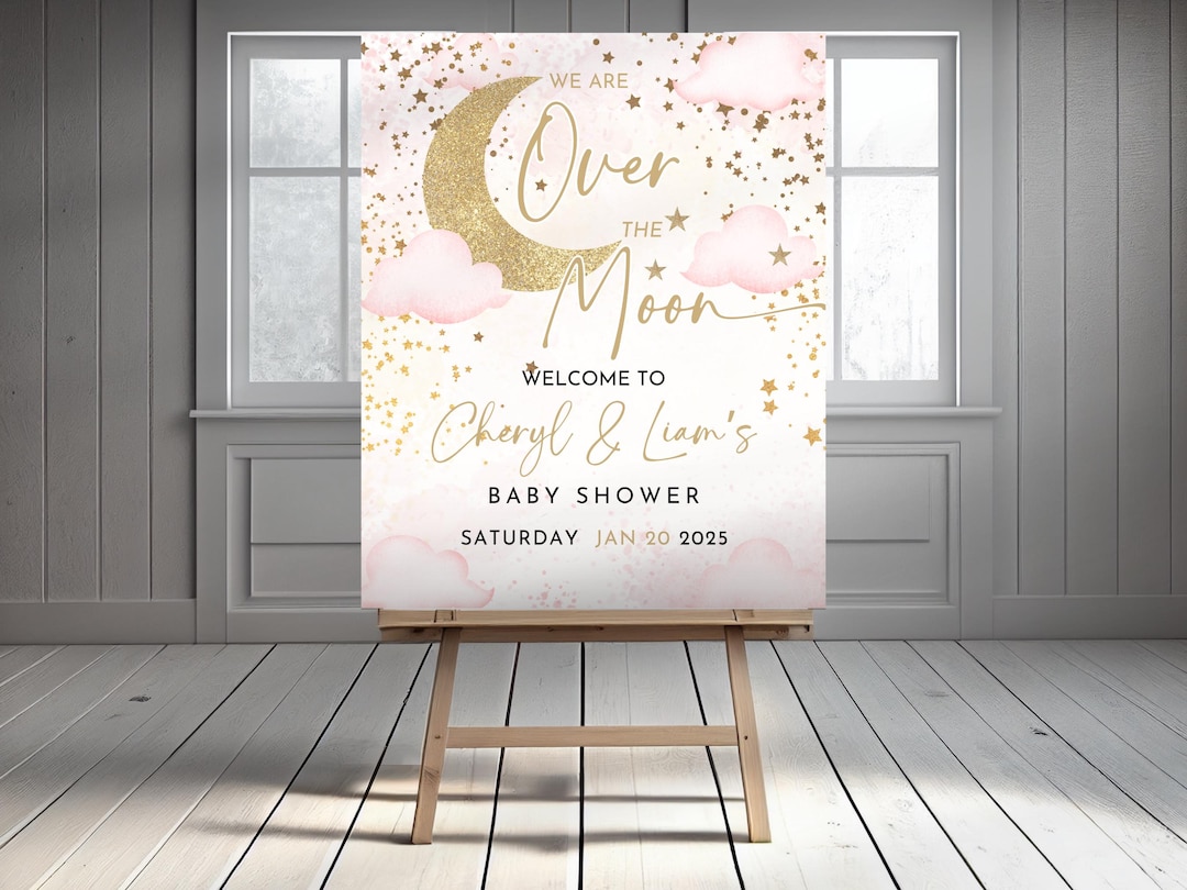 Pink Over the Moon Welcome Sign Template, Editable Pink Clouds Baby ...