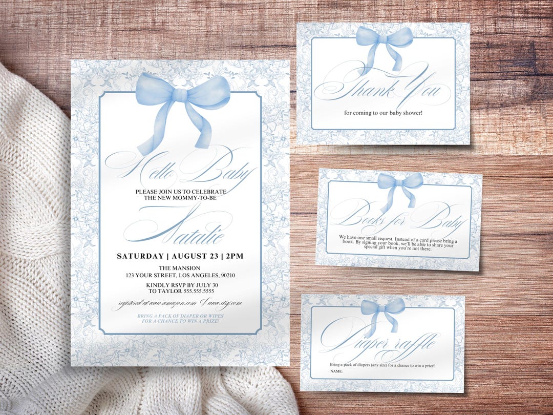Blue Toile Baby Shower Invitation Set, Floral Toile Invitation for Baby ...