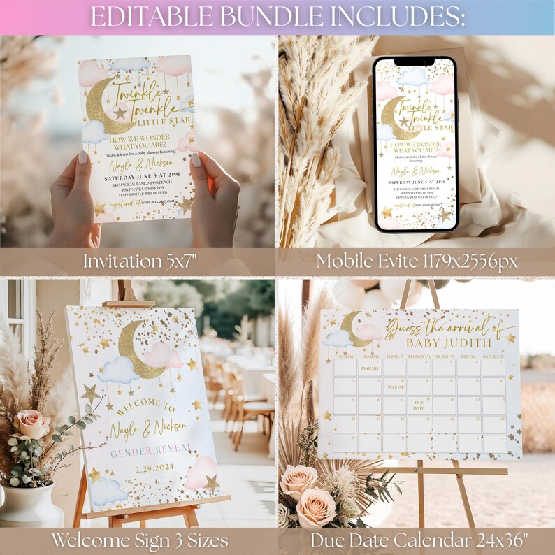 Editable Twinkle Twinkle Little Star Party BUNDLE, Moon and Gold Stars ...