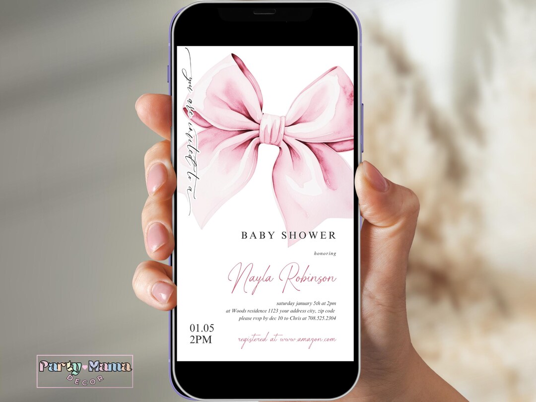 Pink Preppy Baby Shower Text Message Invitation, Digital Pink Bow E ...