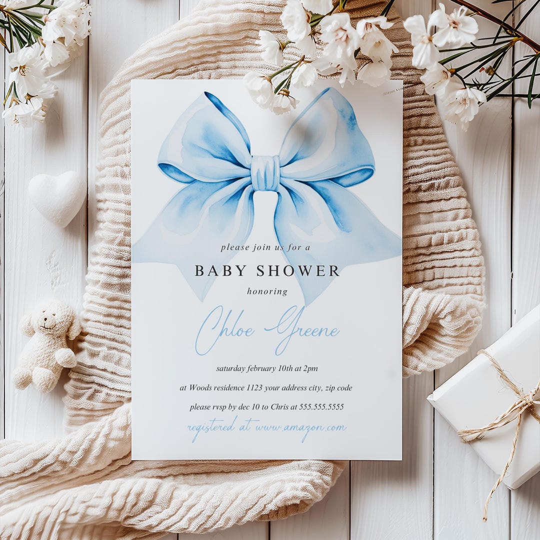 Blue Ribbon Baby Shower Invitation Template, Ribbon Bow Theme, Blue Boy ...