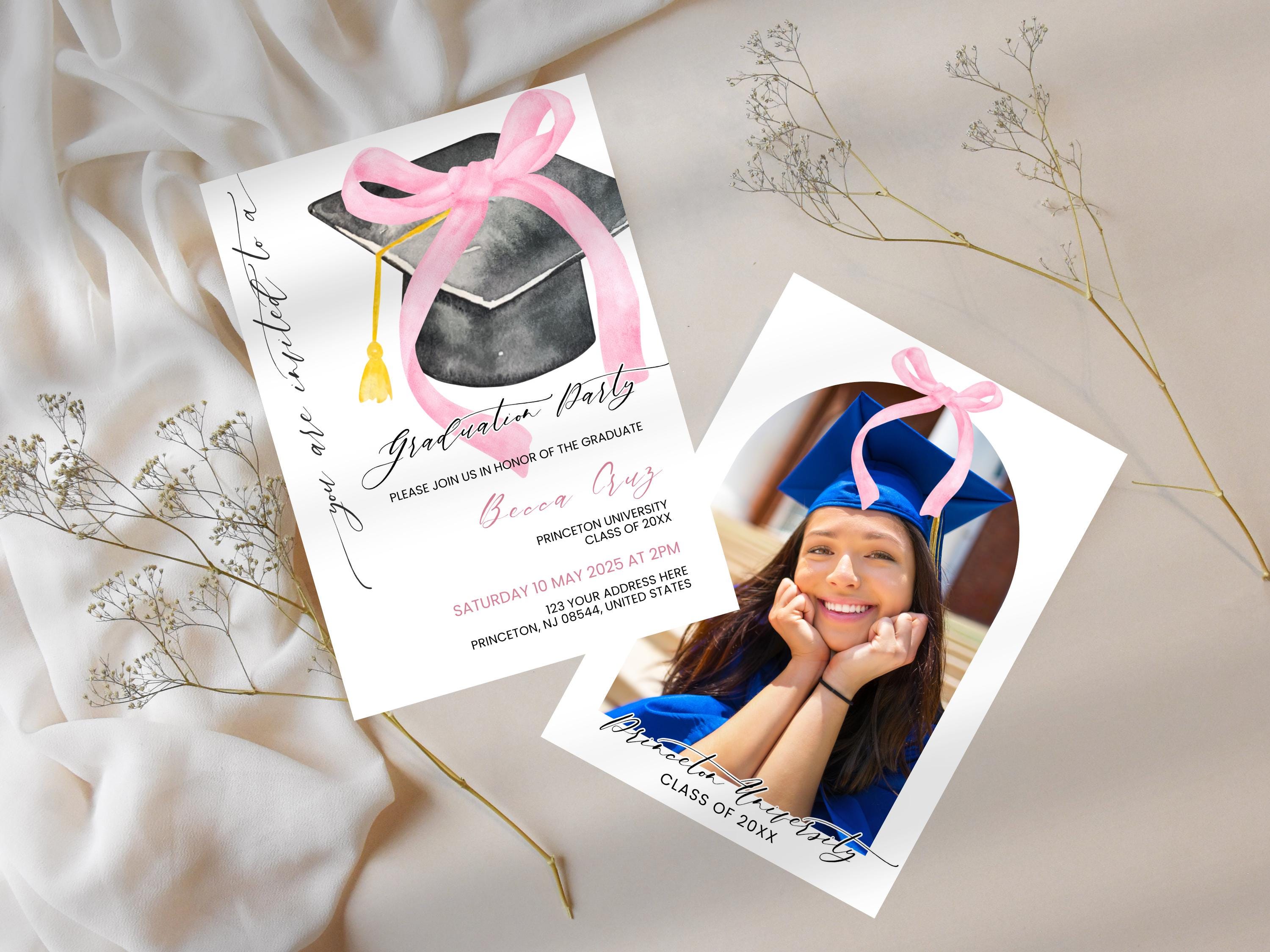 Pink Bow Graduation Cap Invitation Template, Editable Class of Year ...