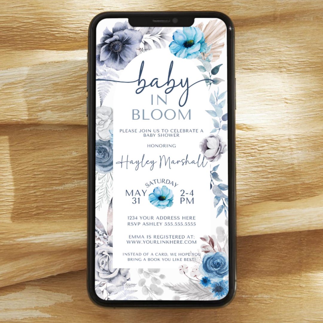 Blue Baby in Bloom Evite Template, Editable Blue Floral E-invitation ...