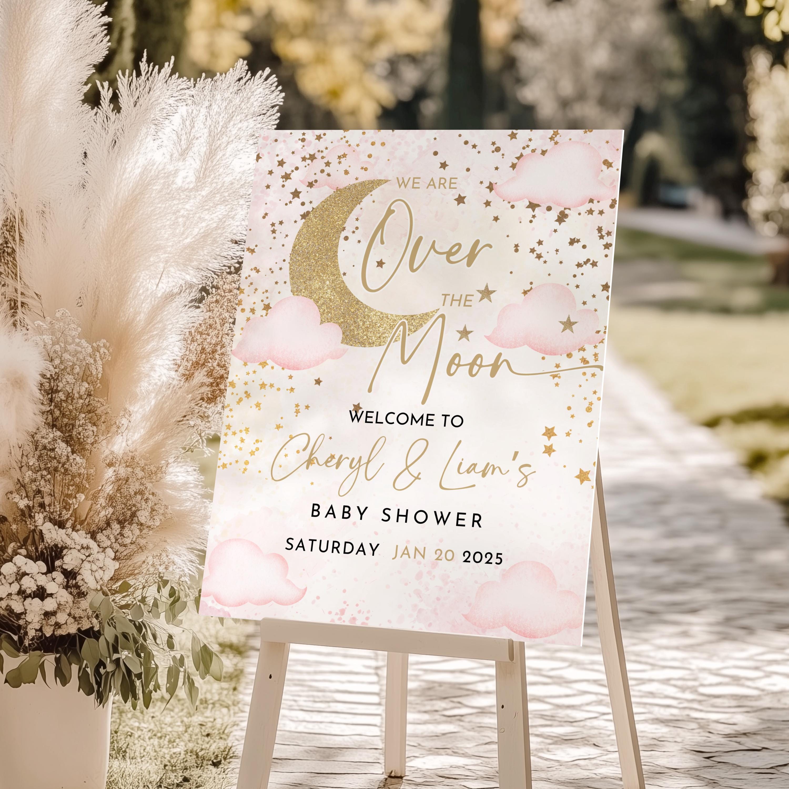 Pink Over the Moon Welcome Sign Template, Editable Pink Clouds Baby ...