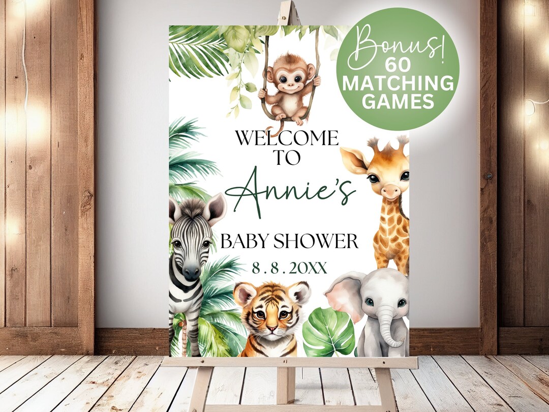 Editable Safari Baby Shower Poster, Greenery Safari Animals Yard Sign ...