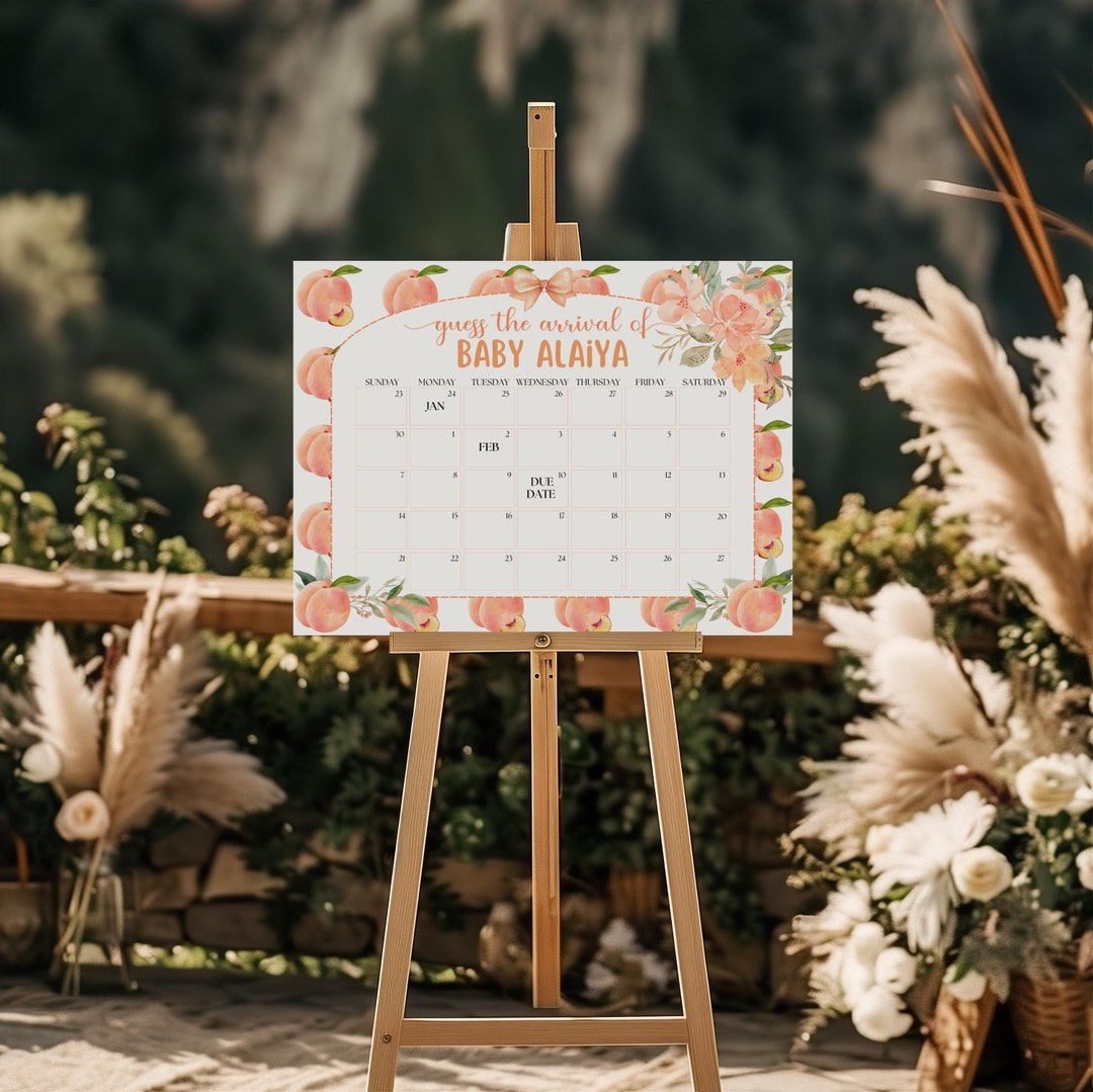 Peach Due Date Calendar for Baby Shower, Editable Peach Birthday Reveal ...