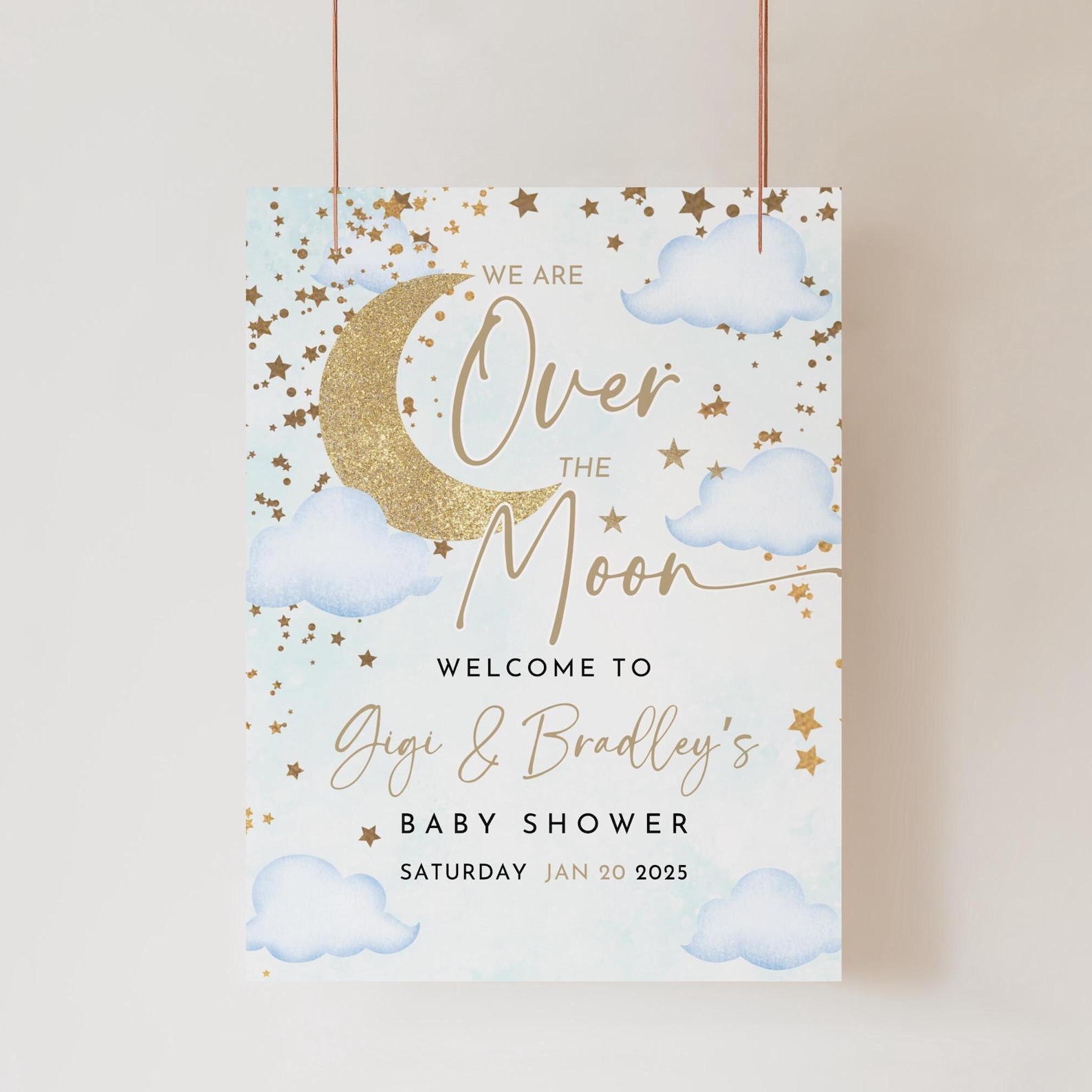Blue Over the Moon Welcome Sign Template, Editable Blue Clouds Baby ...