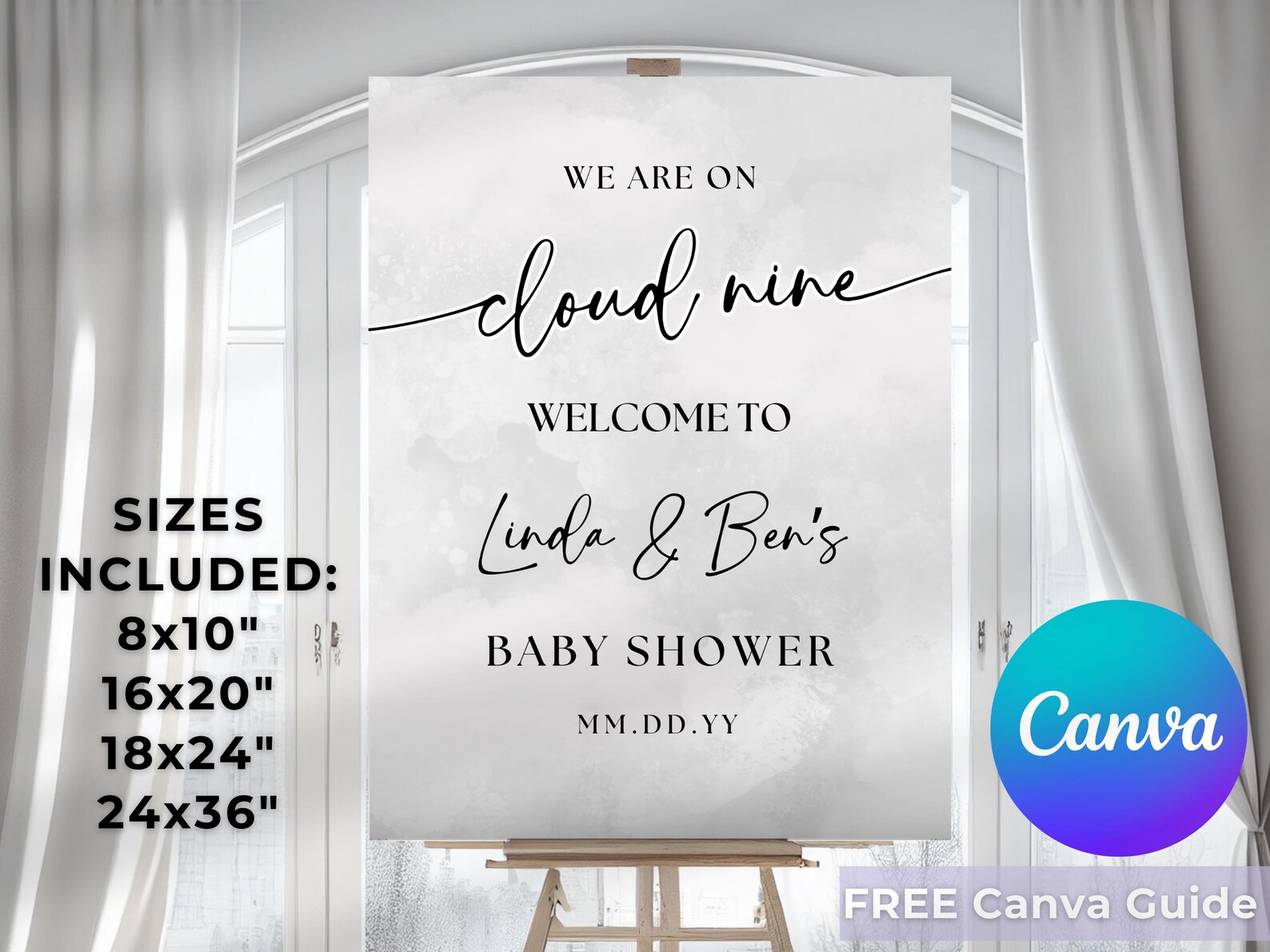 Cloud Nine Gray Baby Shower Welcome Sign, Editable Grey We’re on Cloud ...