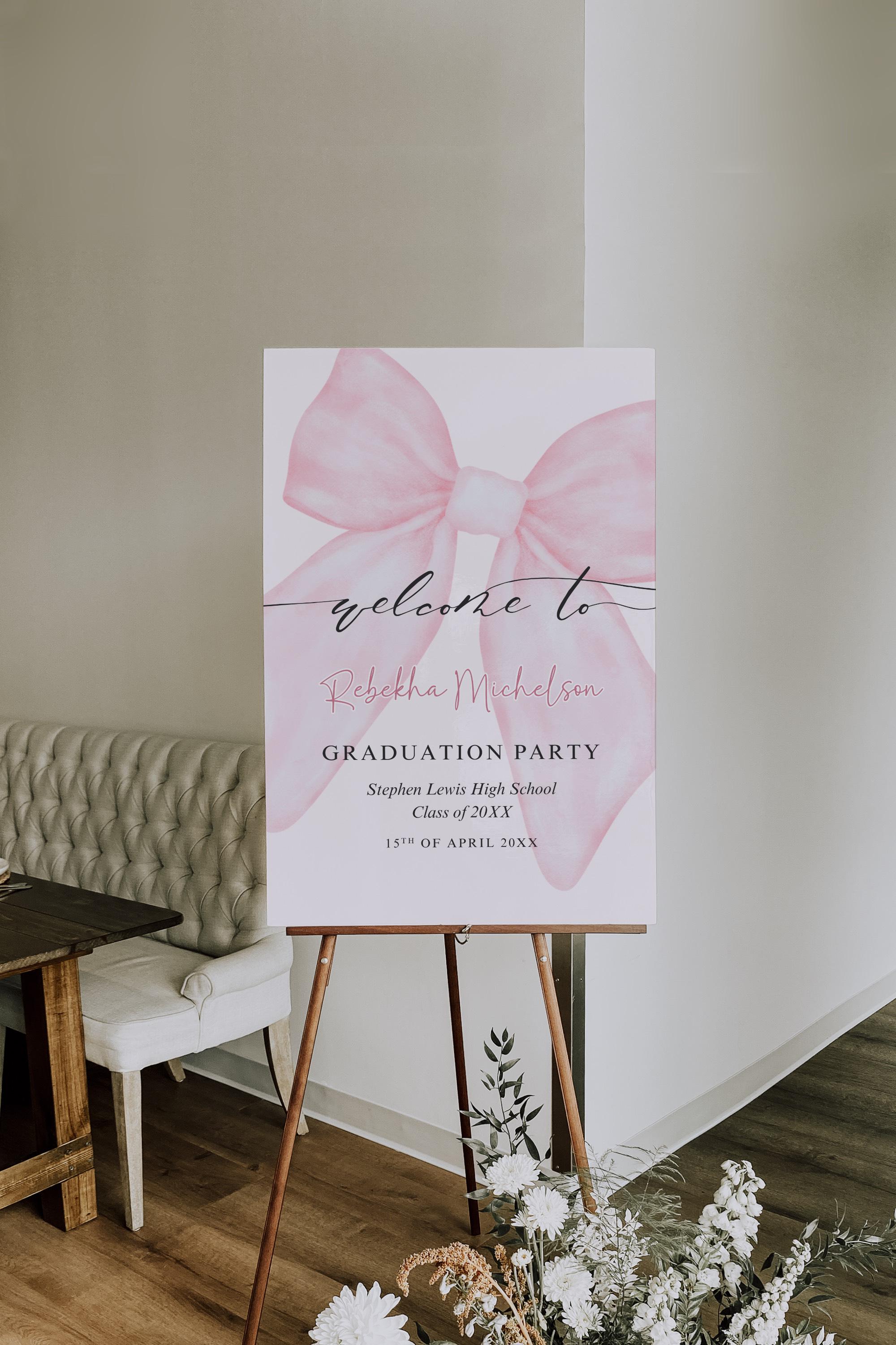 Pink Bow Graduation Welcome Sign, Coquette Party Poster (editable Canva ...