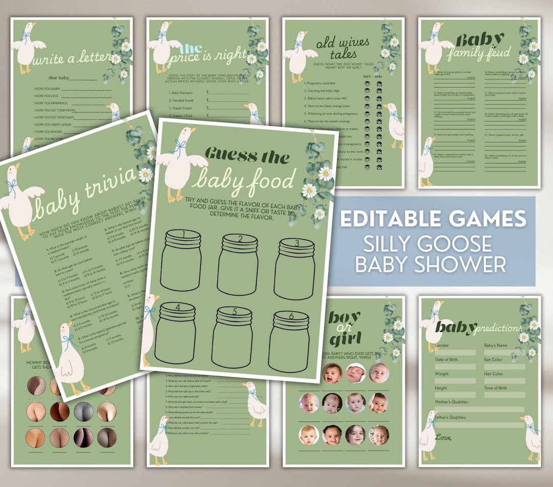 Editable Silly Goose Baby Shower Games Bundle, Blue Bow Theme Games for ...