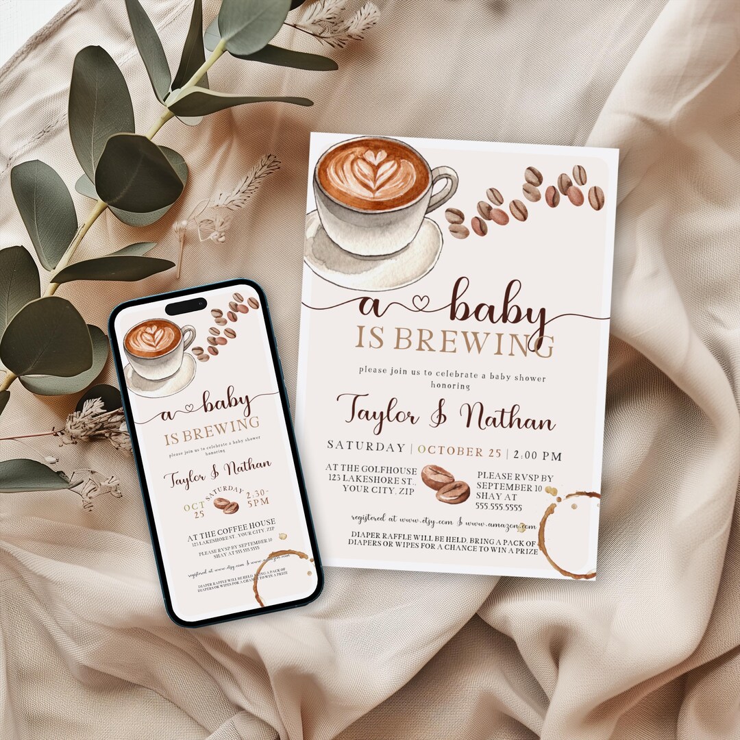 Coffee Baby Shower Invitation Set, Co-ed Baby Shower, Baby Brewing ...