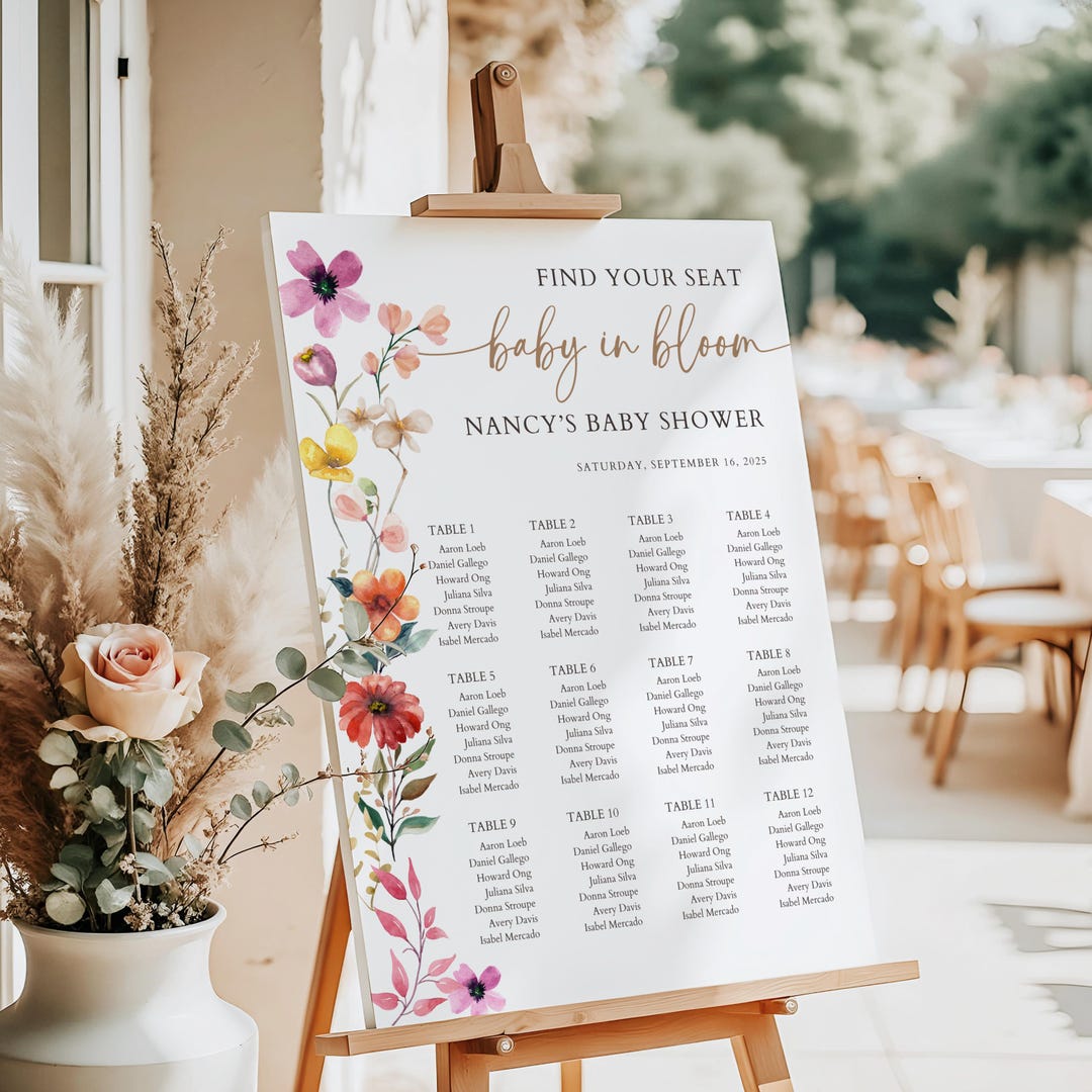 Baby in Bloom Seating Chart for Baby Shower Party, Editable Floral ...
