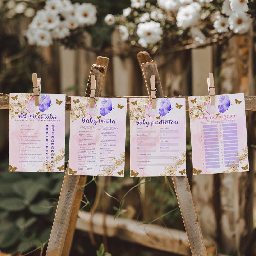 Pink Purple Butterfly Baby Shower Games Bundle | Customizable ...