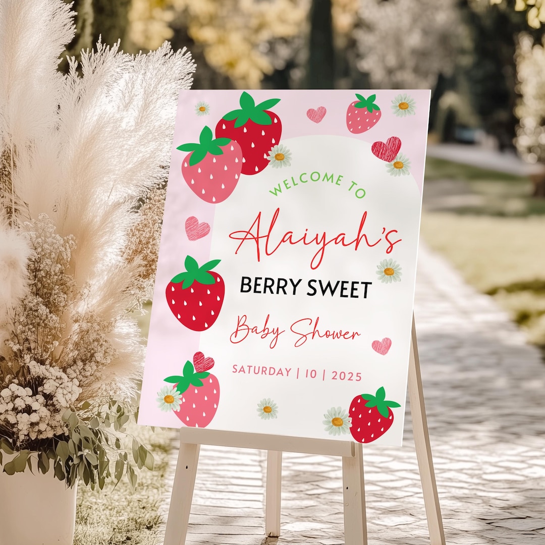 Editable Berry Sweet Welcome Poster for Baby Shower | Strawberry Baby ...