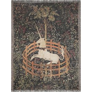 Medieval Unicorn Woven Throw Blankets: Unicorn in Captivity Tapestry ...