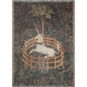 Medieval Unicorn Woven Throw Blankets: Unicorn in Captivity Tapestry ...