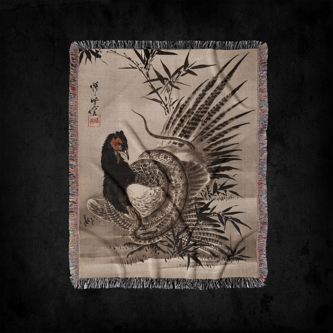 Pheasant Caught by A Snake Woven Throw Blanket: Kawanabe Kyosai ...