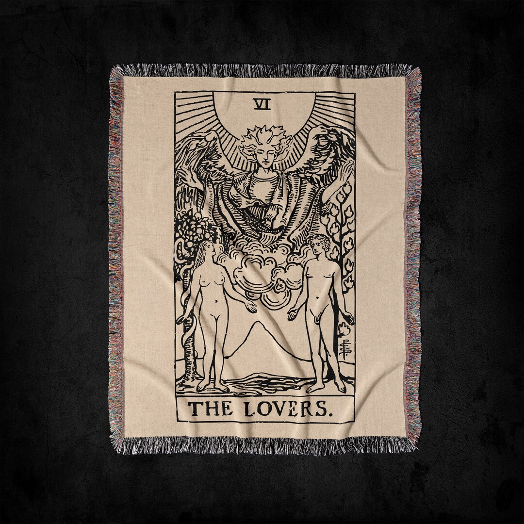The Lovers VI Rider-waite Tarot Deck on Beige Woven Throw Blanket: Gothic Tarot Card Deck ...