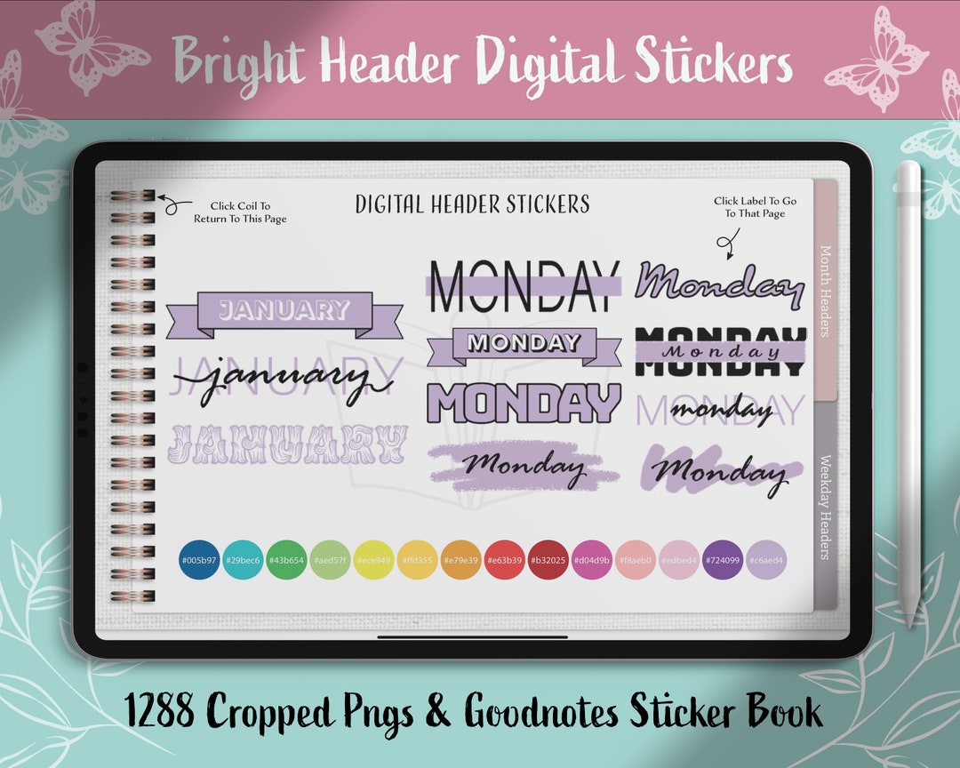 1288 BRIGHT HEADERS Digital Sticker Pack, Goodnotes Hyperlinked Sticker ...