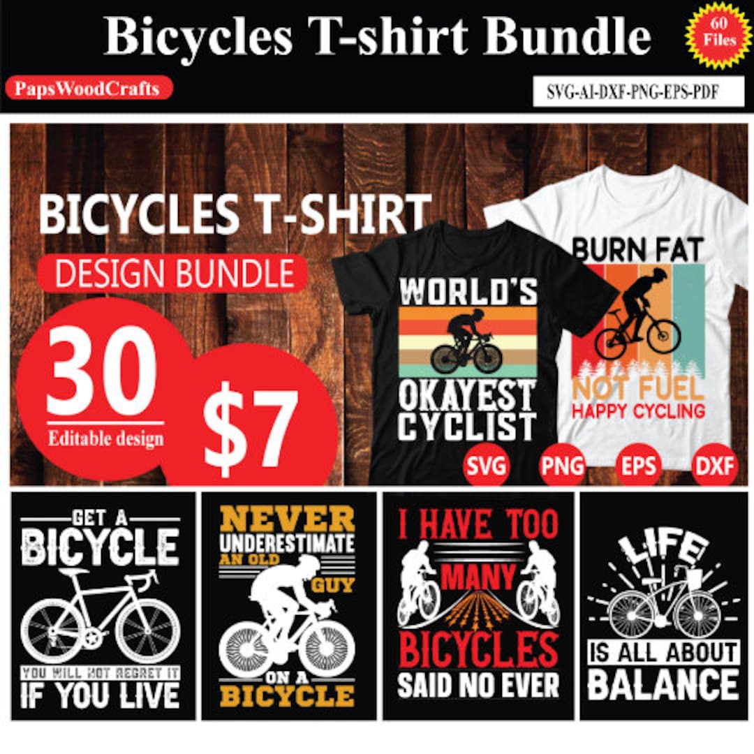 30 Editable Bicycle T-shirt Designs Bundle | Bike Vector Images,cycling ...