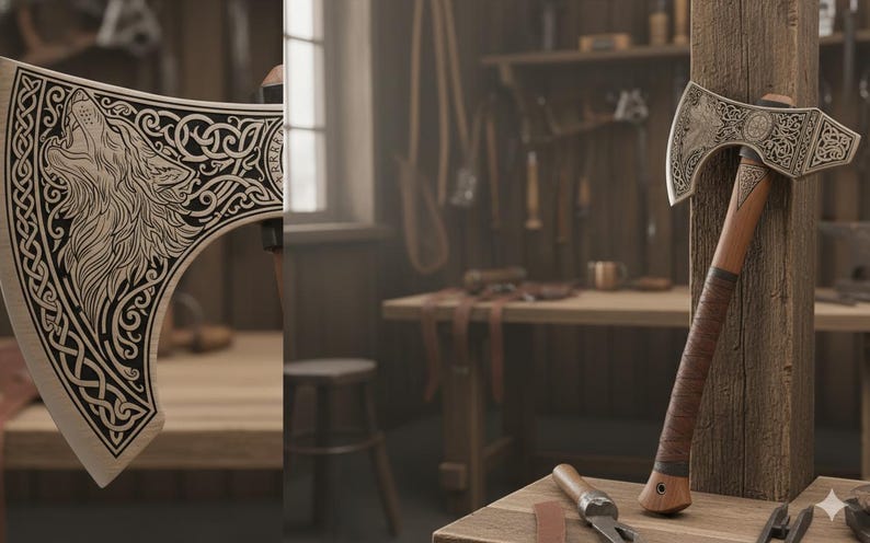 Viking Wolf Axe Head Engraving Design - Celtic Knotwork & Vegvisir ...