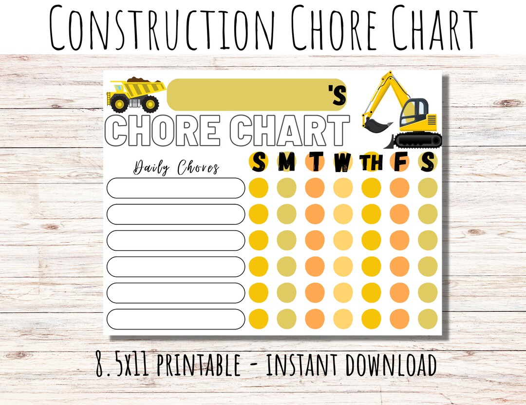 Construction Weekly Chore Chart for Kids - Etsy