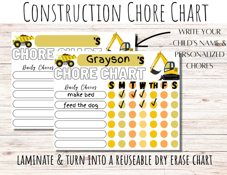 Construction Weekly Chore Chart for Kids - Etsy