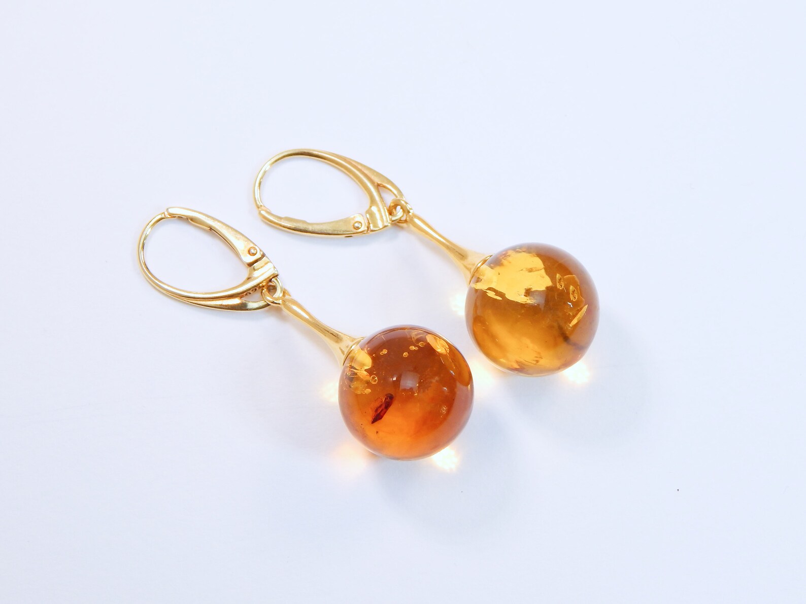 Genuine Baltic Cognac Amber Modern Sphere Drop Earrings in 14k Gold ...