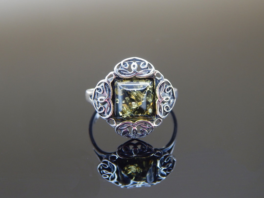 Baltic Green Amber Celtic Ring in 925 Sterling Silver. Genuine Amber ...