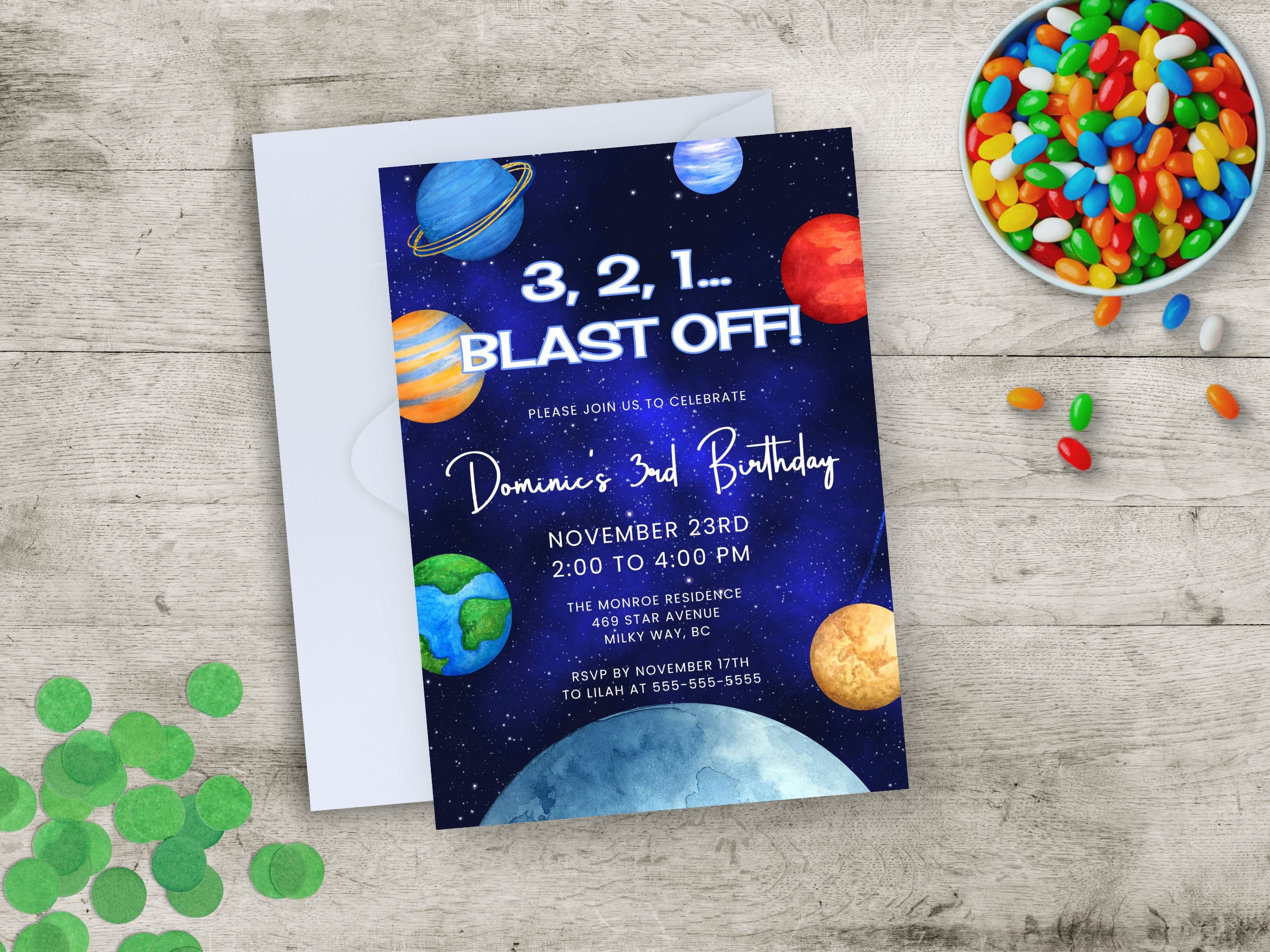 Outer Space Birthday Invitation, Editable Blast off 3rd Birthday Invite ...