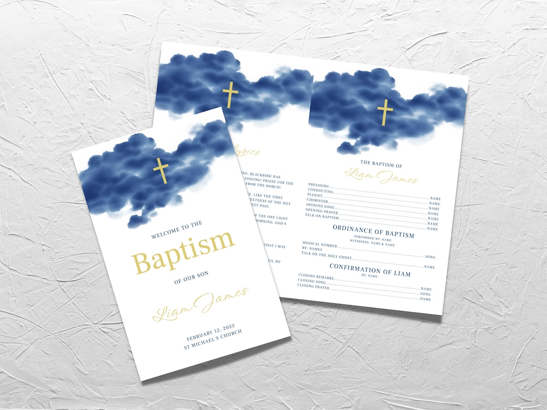 Blue Baptism Program Template, Editable Christening Program, Printable ...