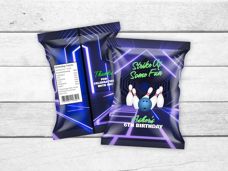 Bowling Party Favors, Chip Bag Wrapper Template, Custom Birthday Snack ...