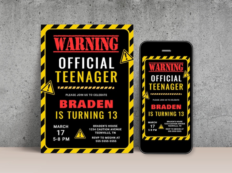 Editable 13th Birthday Invitation, Warning Official Teenager Invite ...