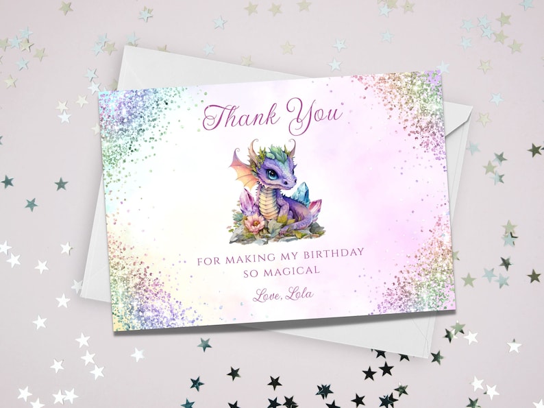 Editable Dragon Thank You Card, Girl Dragon Birthday Party, Thanks Note ...