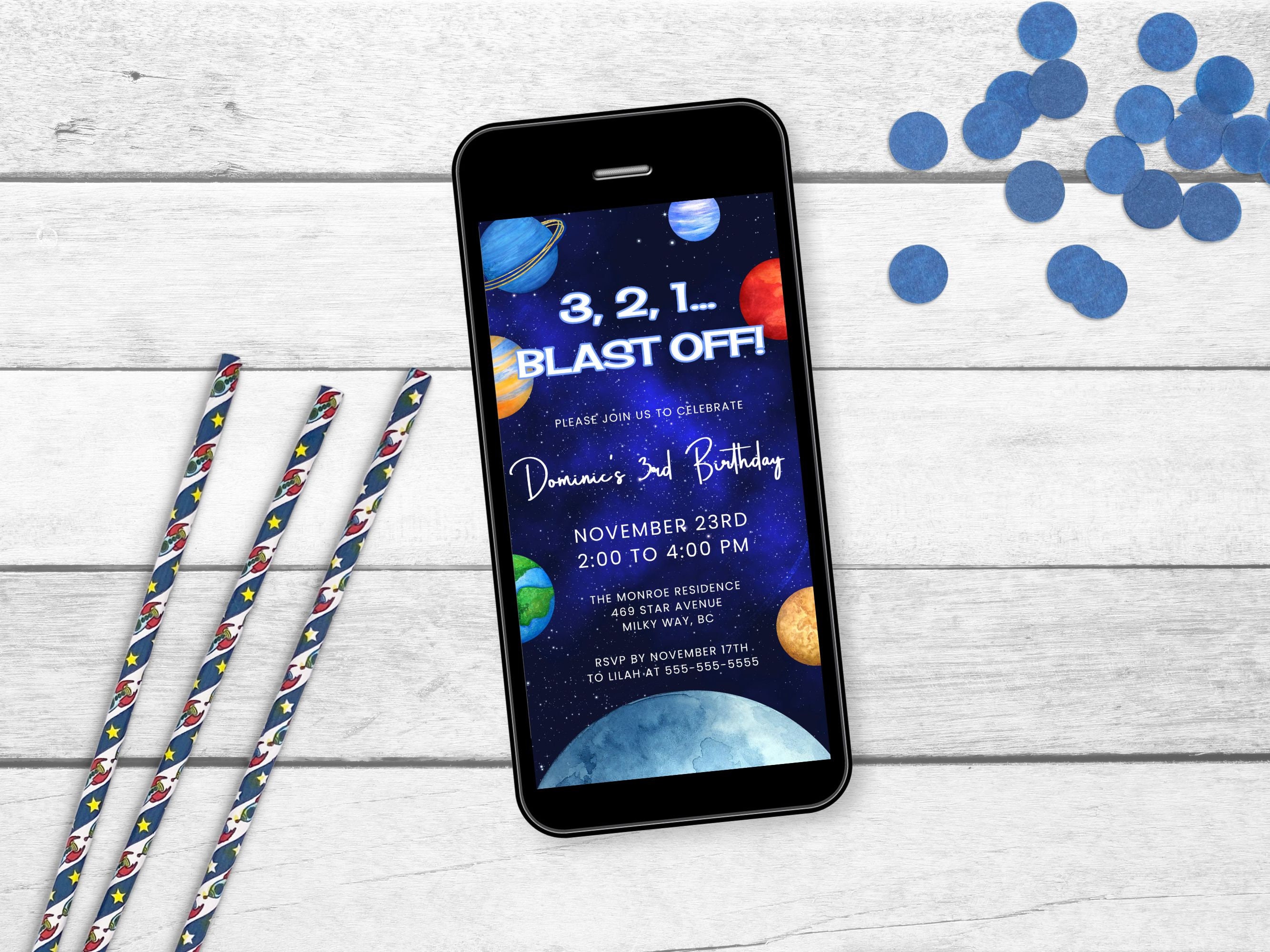 Outer Space Birthday Invitation, Editable Blast off 3rd Birthday Invite ...