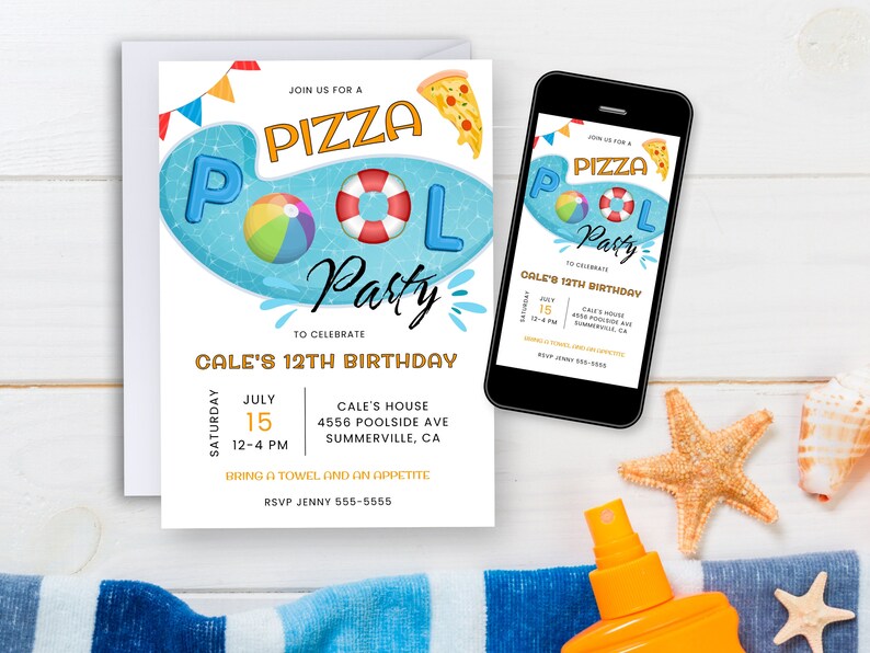 Pizza Pool Party Invite INSTANT DOWNLOAD Summer Kids Pool - Etsy