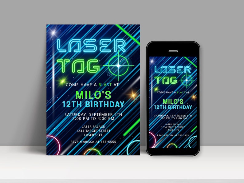 Boys Laser Tag 12th Birthday Invitation, Neon Glow Party, Printable ...