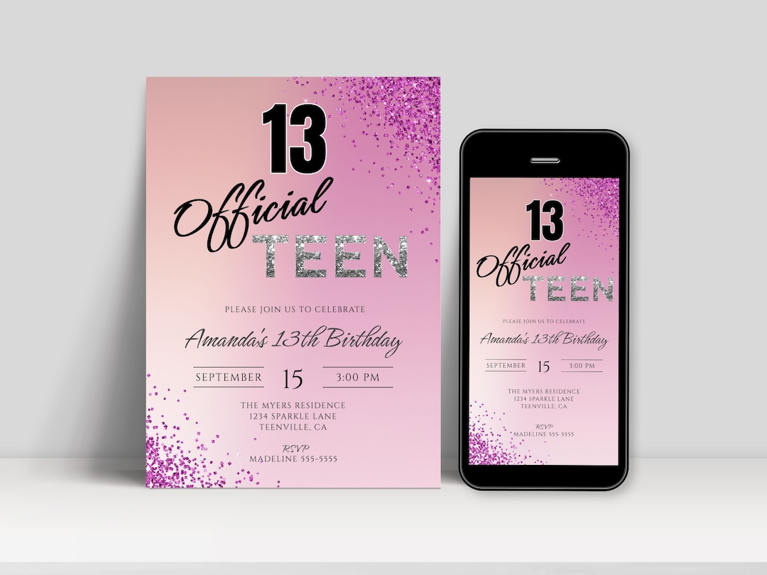 Official Teen Party Invite Girl, Thirteenth Birthday Invitation Purple ...
