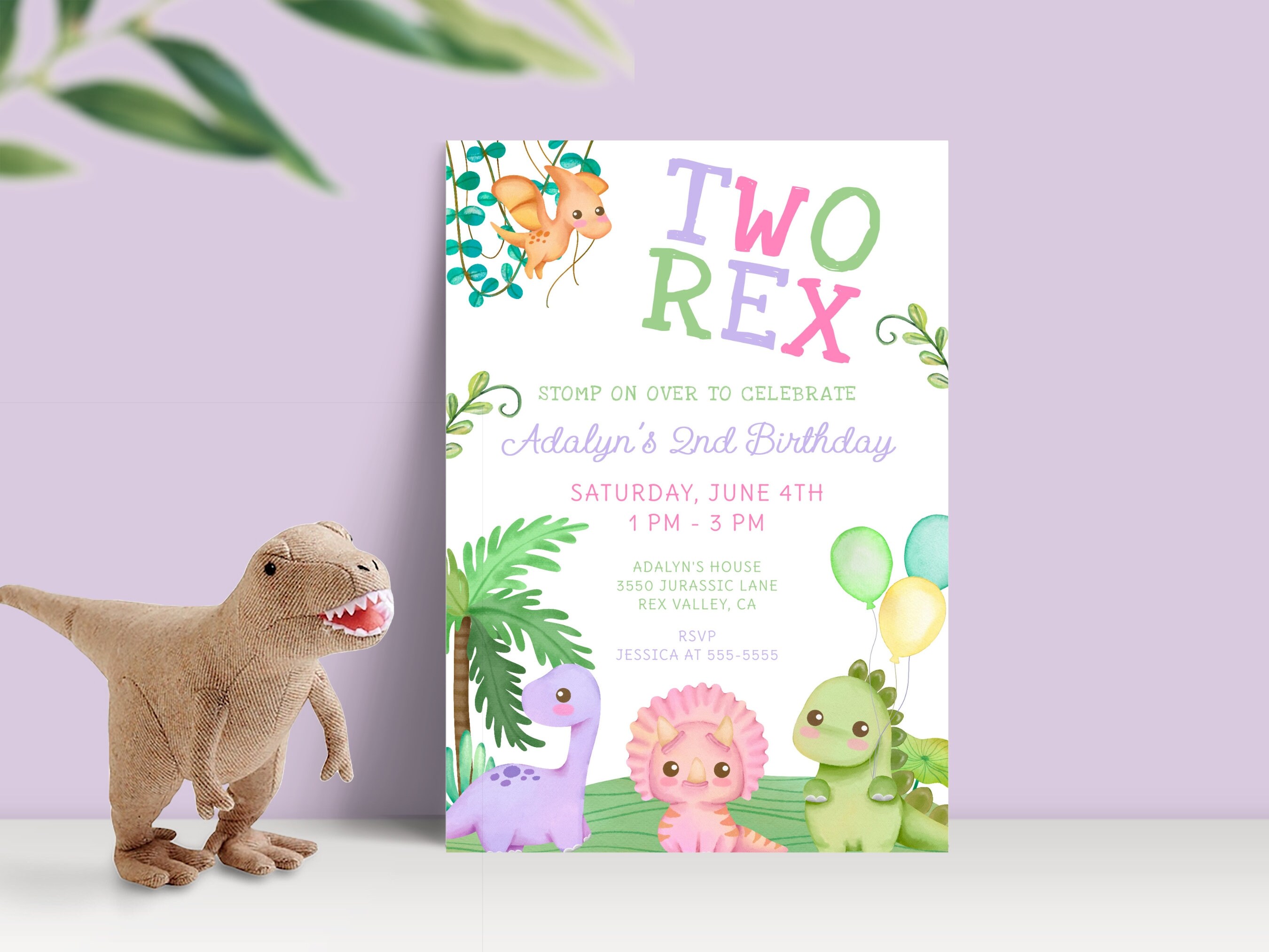Pastel Two Rex Party Invitation Template, Girl Dinosaur Invite, Pink ...