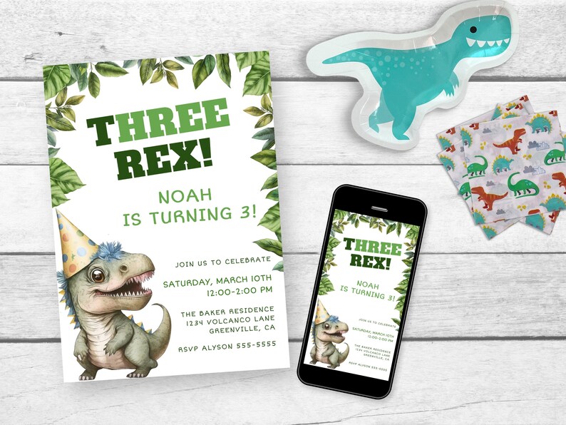 Invitación de cumpleaños de tres Rex, invitación editable a fiesta de ...