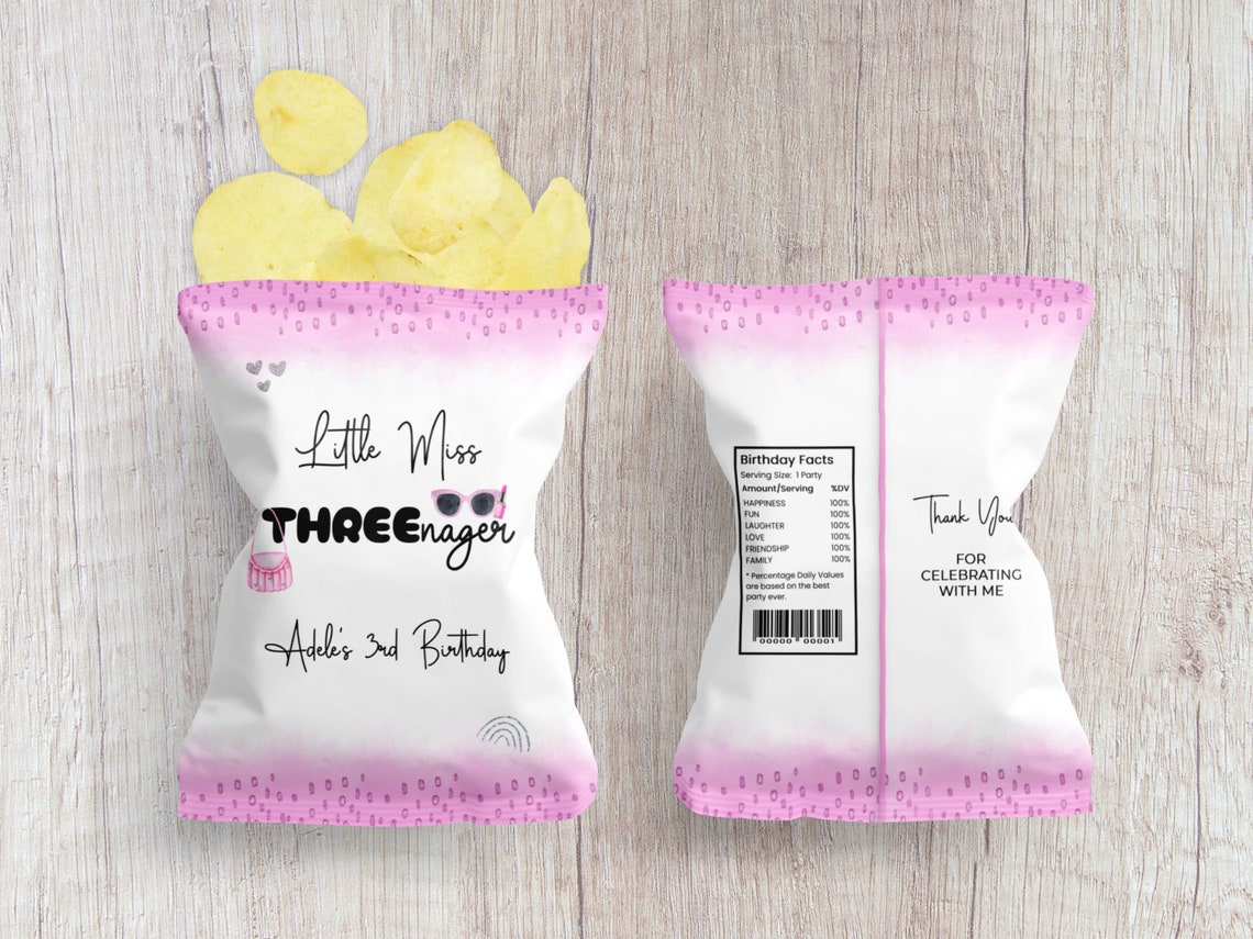 Threenager Party Favor, Chip Bag Wrapper Template, Girls 3rd Birthday ...